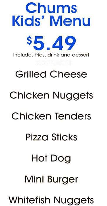 Menu at Chums Cafe, Brimley, W Lakeshore Drive