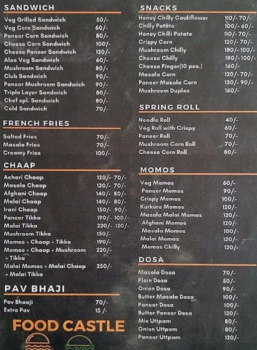 Menu at Food Castle, Kharar