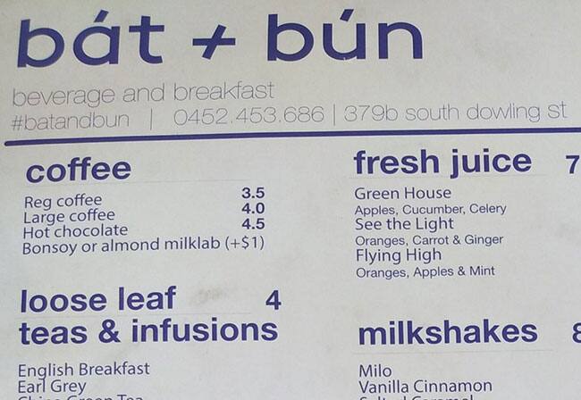 Menu at Bat + Bun restaurant, Darlinghurst, 379B S Dowling St