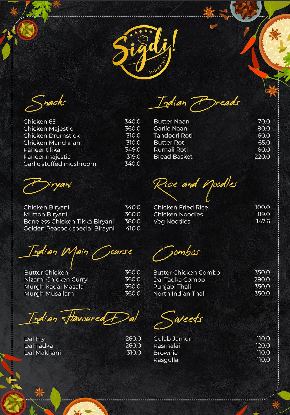 Menu of Sigdi Biryani's, Panjagutta, Hyderabad