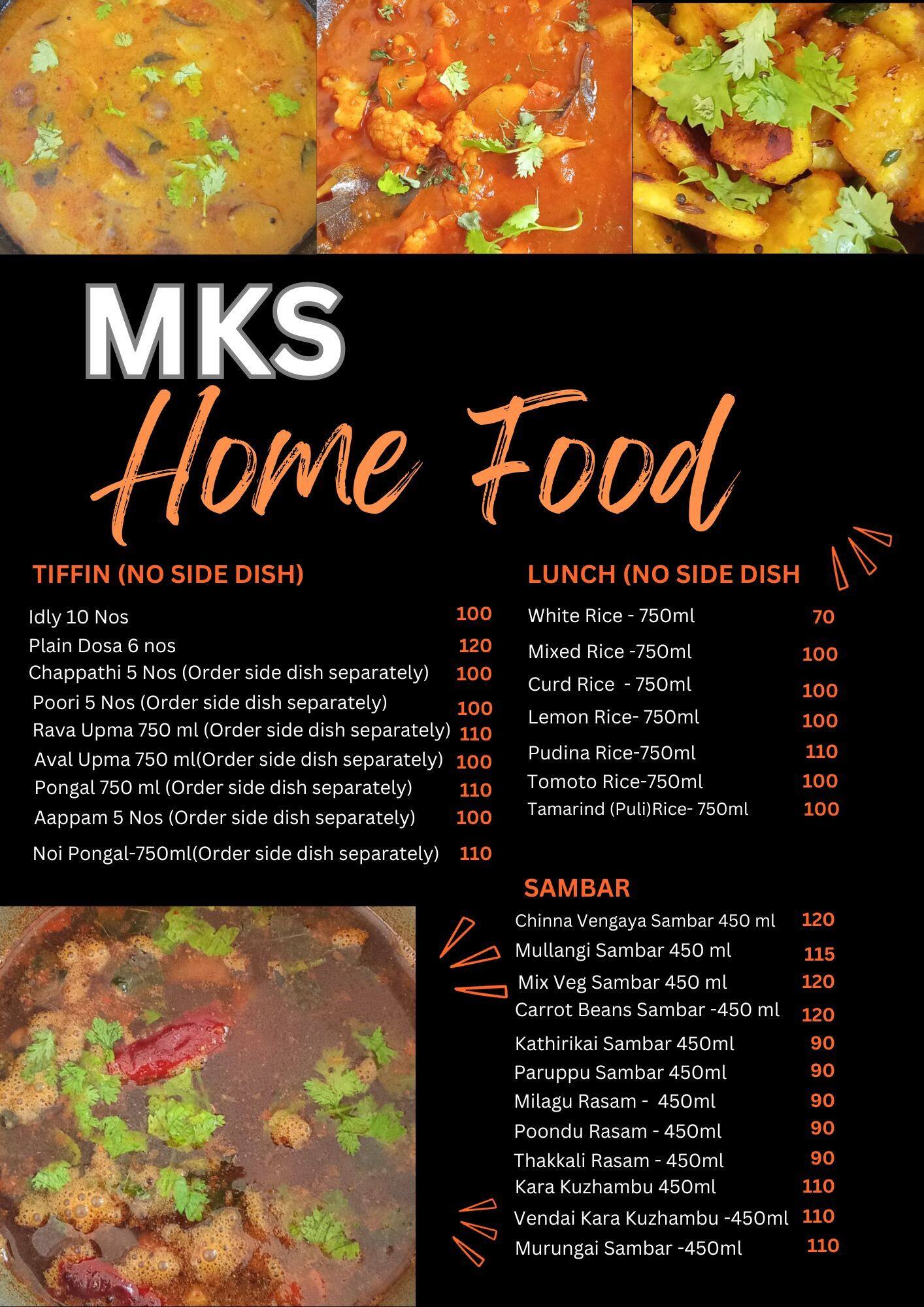 Menu of MKS Home Food, Thirumudivakkam, Chennai