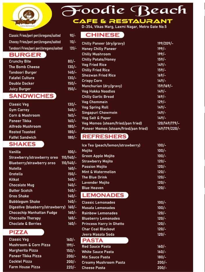 Menu of Foodie Beach Cafe & Restaurant, Preet Vihar, New Delhi