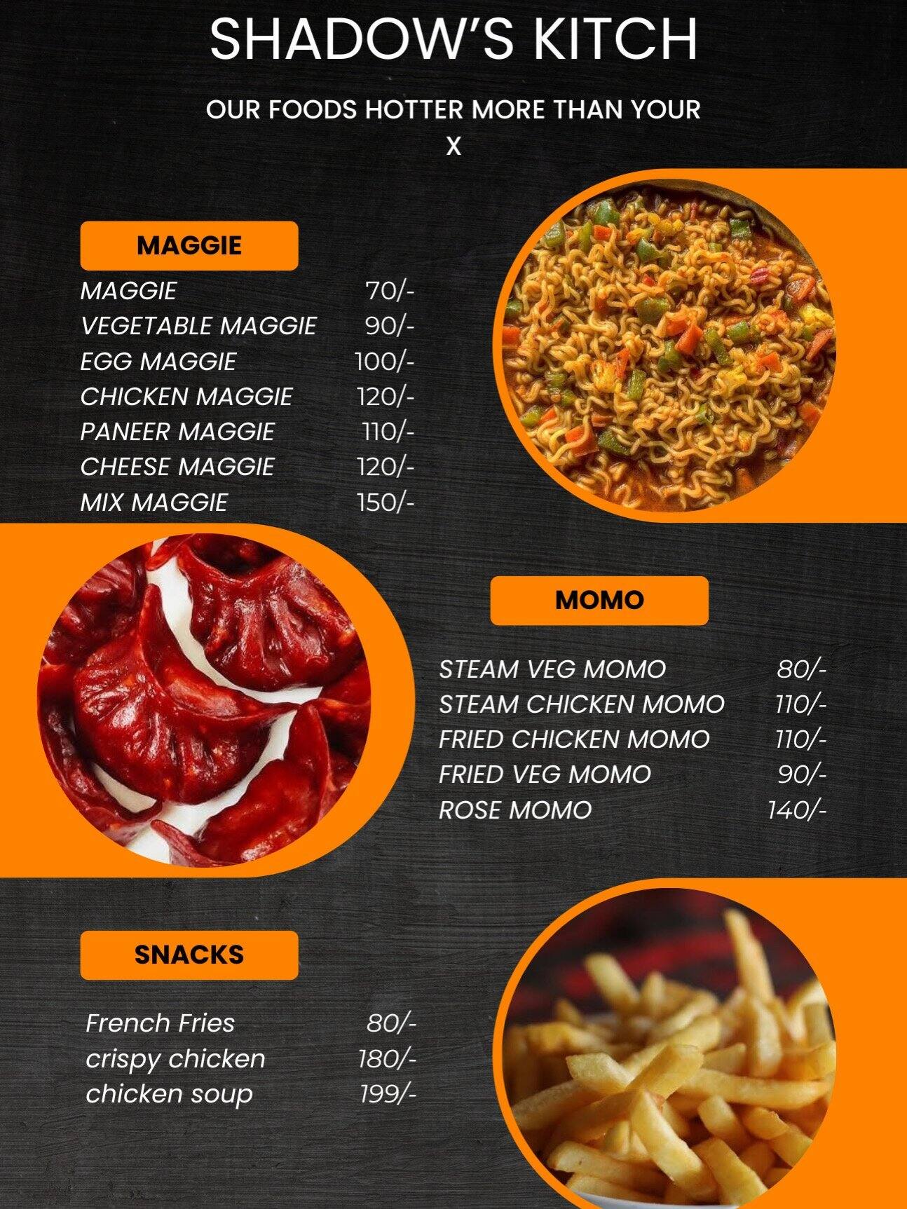 Menu of Shadow’s Kitchen, Naktala, Kolkata