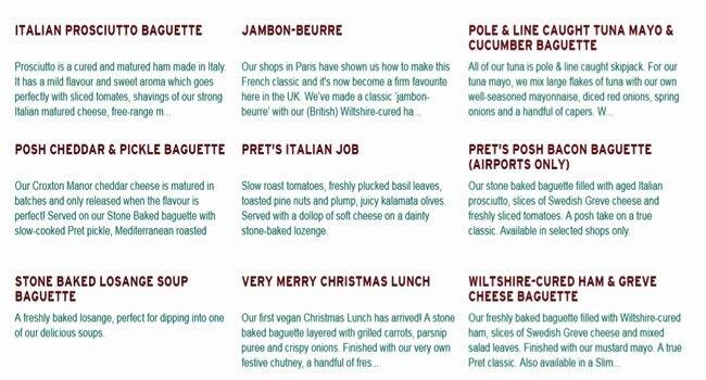 Menu at Pret A Manger fast food, London, 15 Theobalds Rd