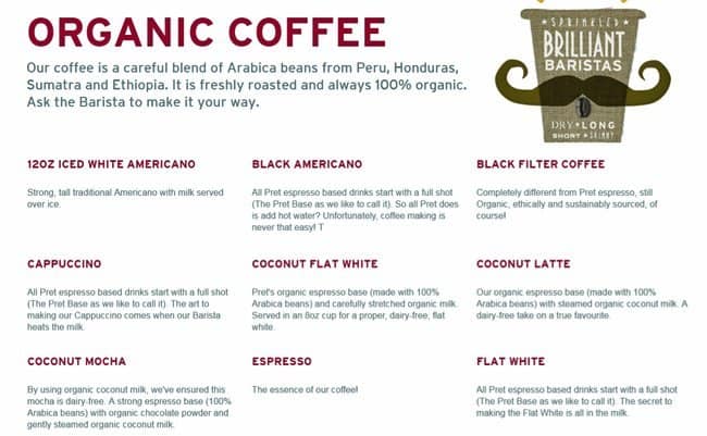 Menu at Pret A Manger fast food, London, 13 Hanover Square