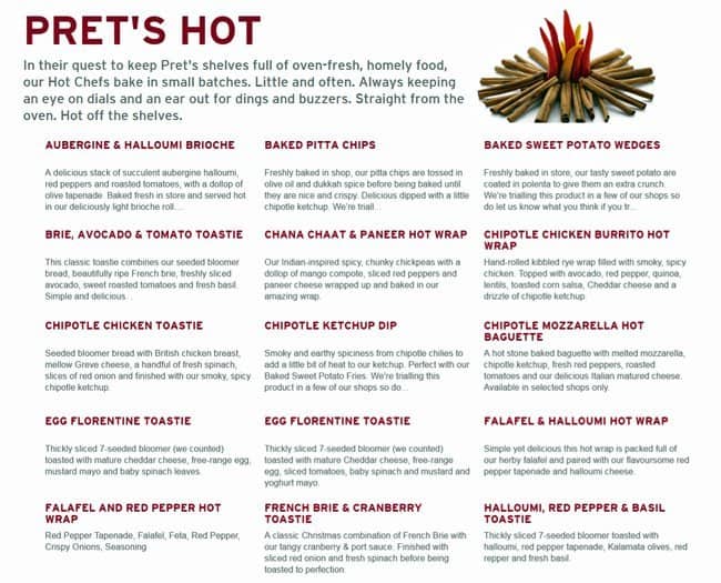 Menu at Pret A Manger fast food, London, 1 Whitehall