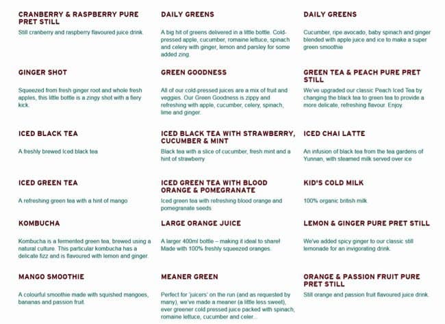 Menu at Pret A Manger fast food, London, 1 Whitehall