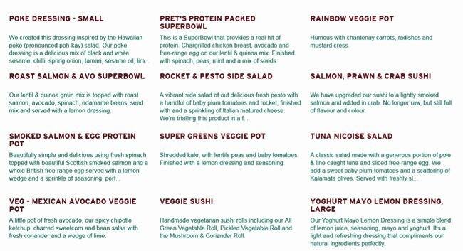 Menu at Pret A Manger fast food, London, 1 Whitehall