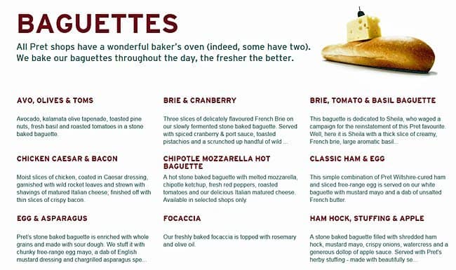 Menu at Pret A Manger fast food, London, 1 Whitehall