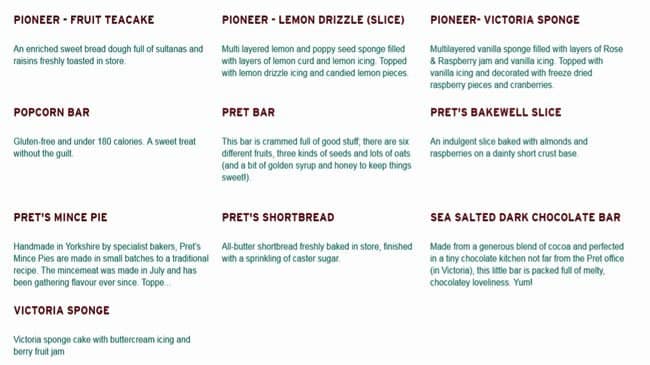 Menu at Pret A Manger fast food, London, 15 Theobalds Rd