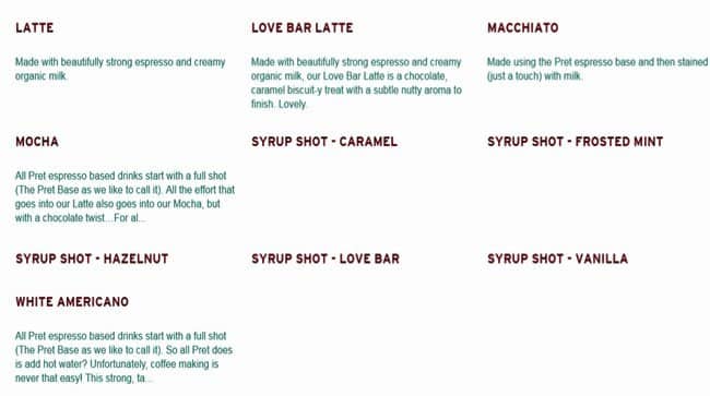 Menu at Pret A Manger fast food, London, 15 Theobalds Rd