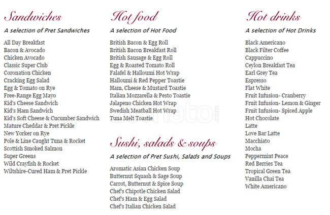 Menu at Pret A Manger fast food, London, 84 Fetter Lane