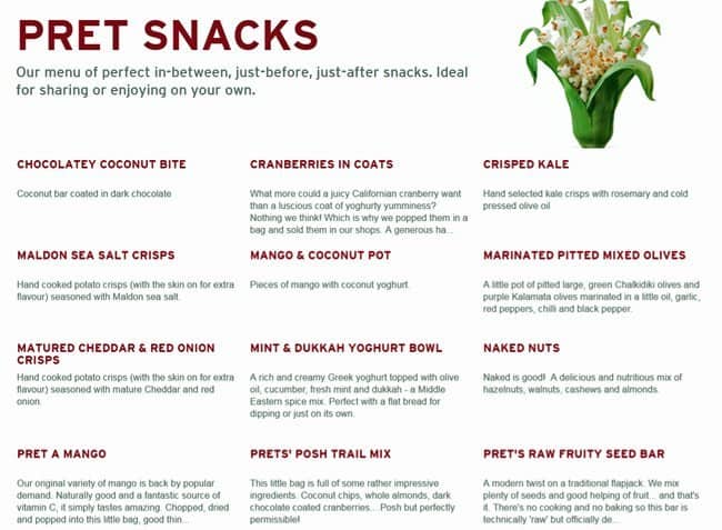 Menu at Pret A Manger fast food, London, 1 Whitehall