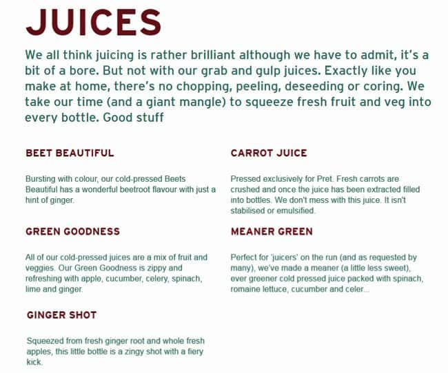 Menu at Pret A Manger fast food, London, 15 Theobalds Rd