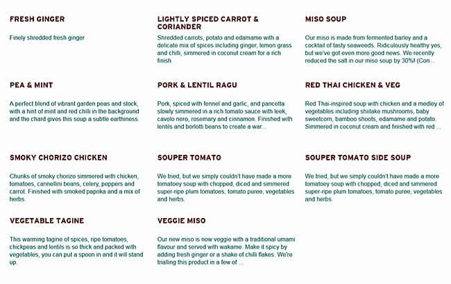 Menu at Pret A Manger fast food, London, 280 Bishopsgate