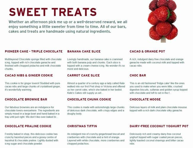 Menu at Pret A Manger fast food, London, 1 Whitehall