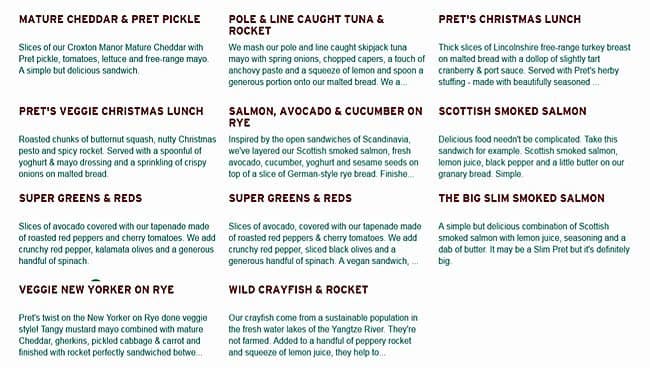 Menu at Pret A Manger fast food, London, 280 Bishopsgate