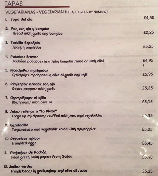 Menu at La Plaza Tapas Bar, London, 74 Tavistock Rd