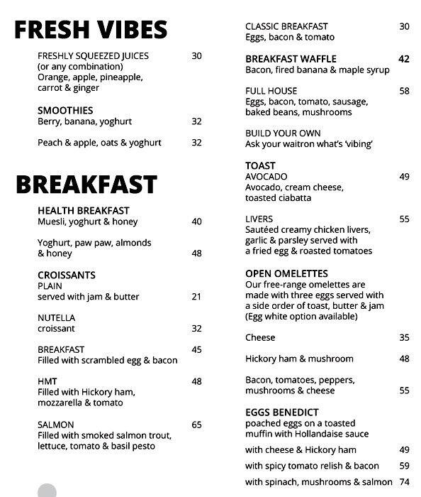 Menu at VIBE @PnP Coachman's restaurant, Sandton