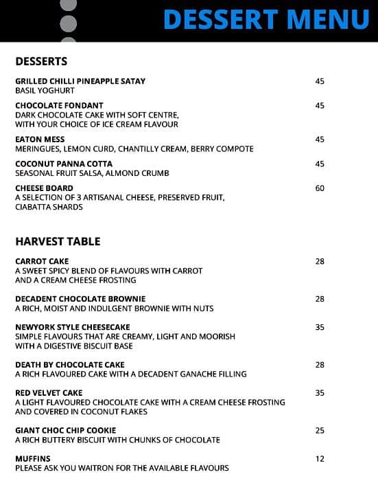 Menu at VIBE @PnP Coachman's restaurant, Sandton