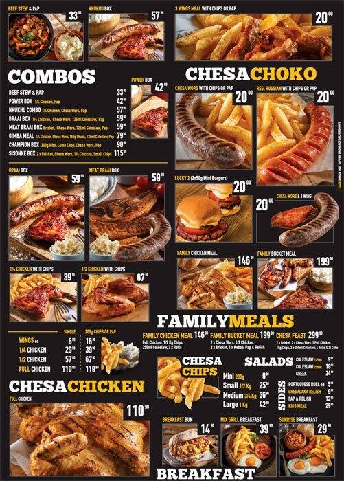 Menu at Chesa Nyama restaurant, Pretoria, Sterland Centre