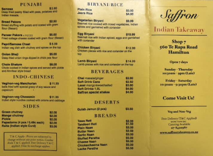 Carta de Saffron Indian Takeaway, Hamilton