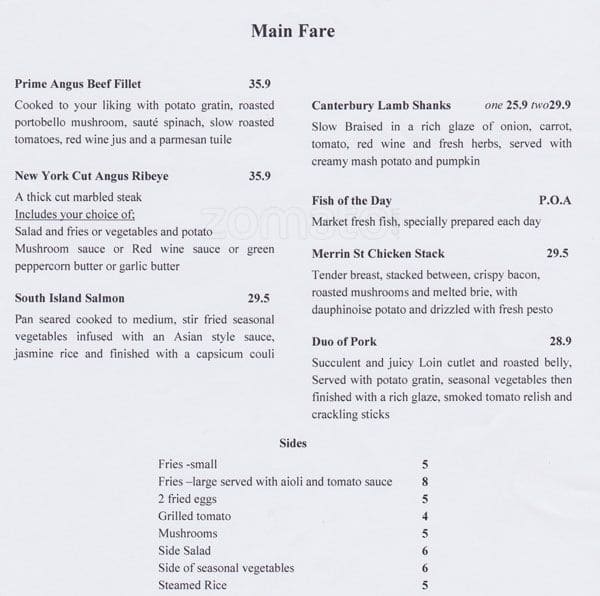 Menu at Monteiths Avonhead pub & bar, Christchurch