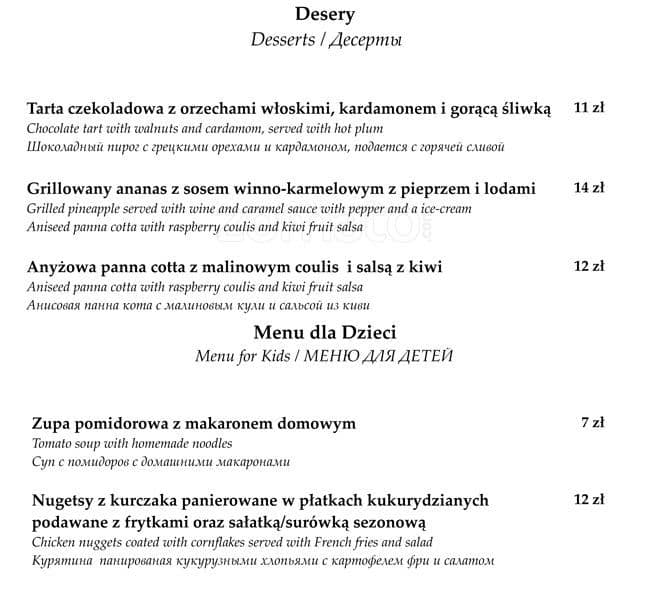 Menu at Hotel Luxor, Lublin