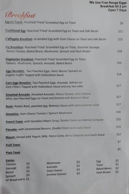 Menu at L'Affogato Caffe cafe, Doncaster East