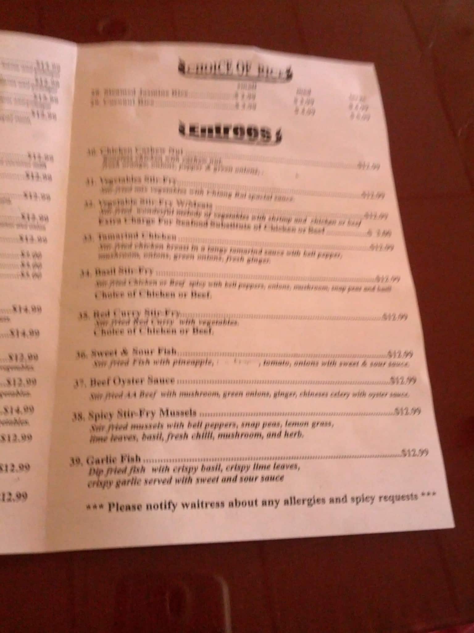 Menu at Chiang Rai restaurant, Cochrane