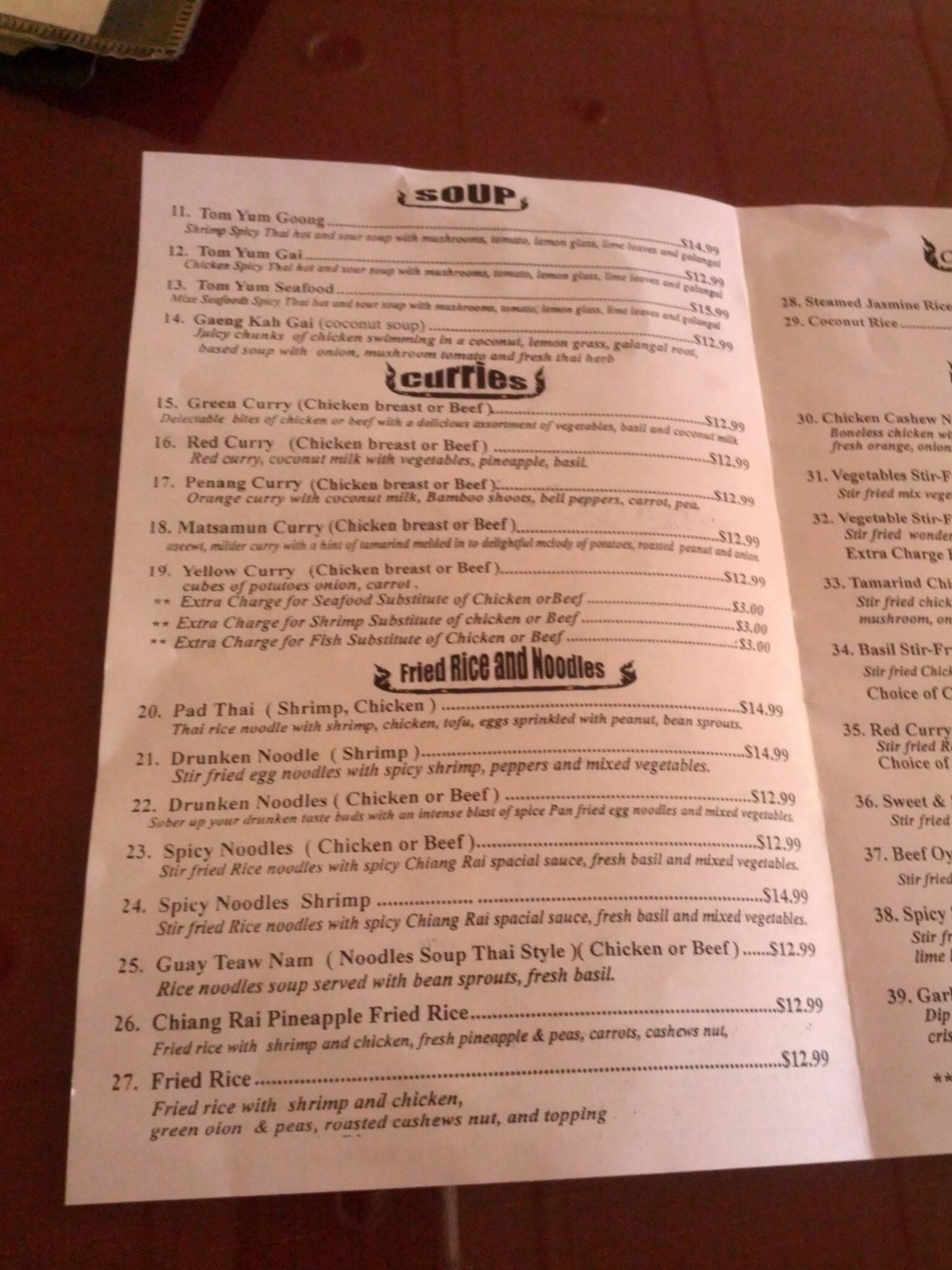 Menu at Chiang Rai restaurant, Cochrane