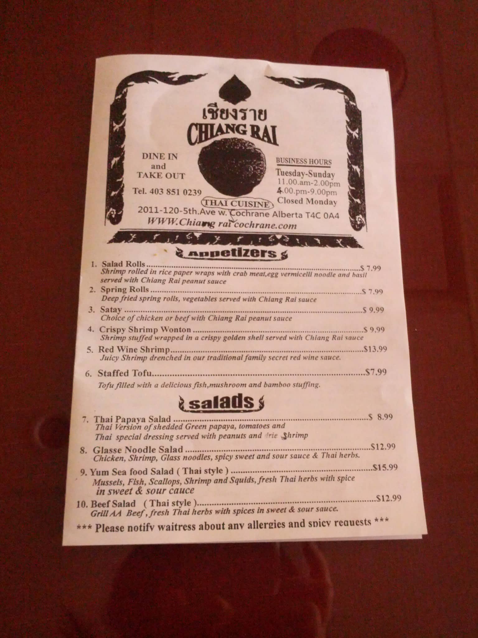 Menu at Chiang Rai restaurant, Cochrane