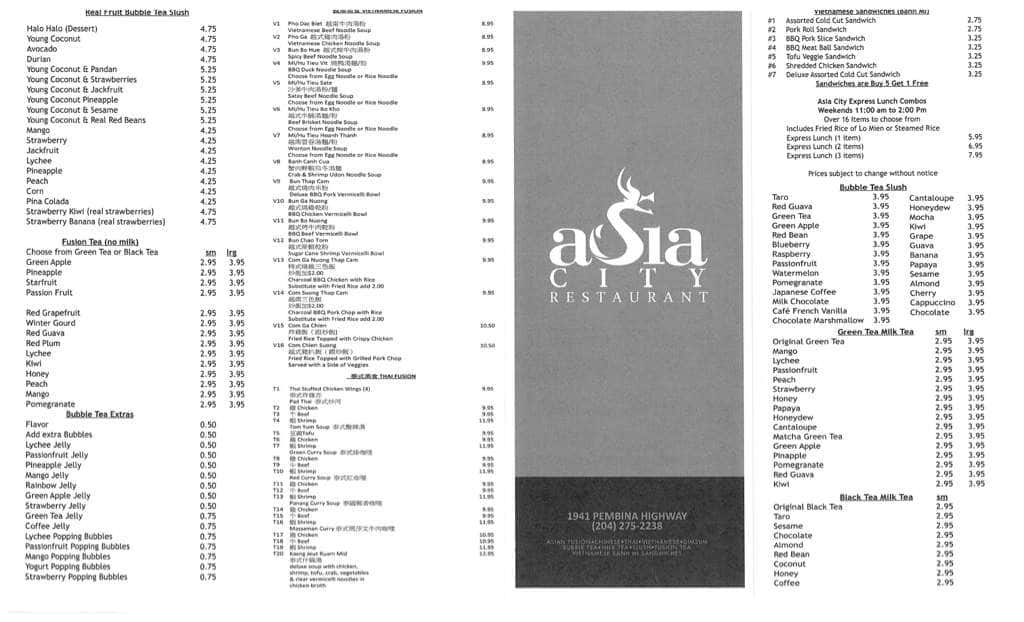 Menu au Asia Palace restaurant, Winnipeg, Pembina Hwy