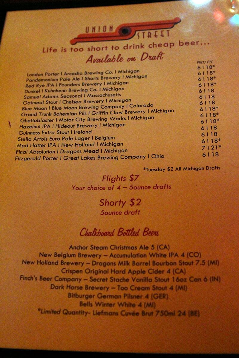 Menu at Union Street Detroit restaurant, Detroit