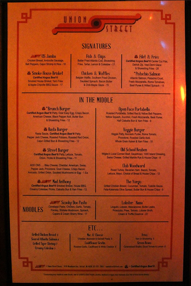 Menu at Union Street Detroit restaurant, Detroit