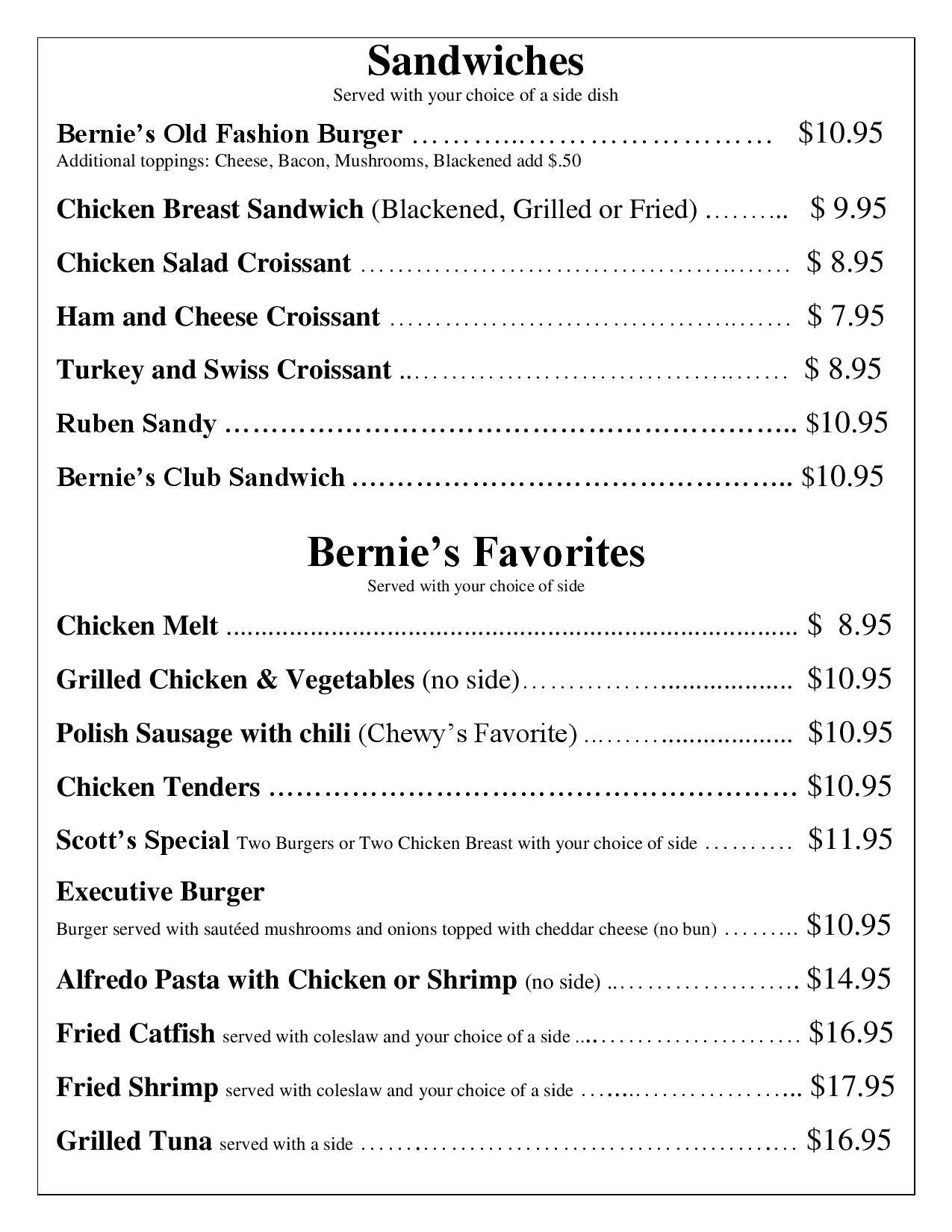 Menu at Bernie's pub & bar, Biloxi, 220 Eisenhower Dr