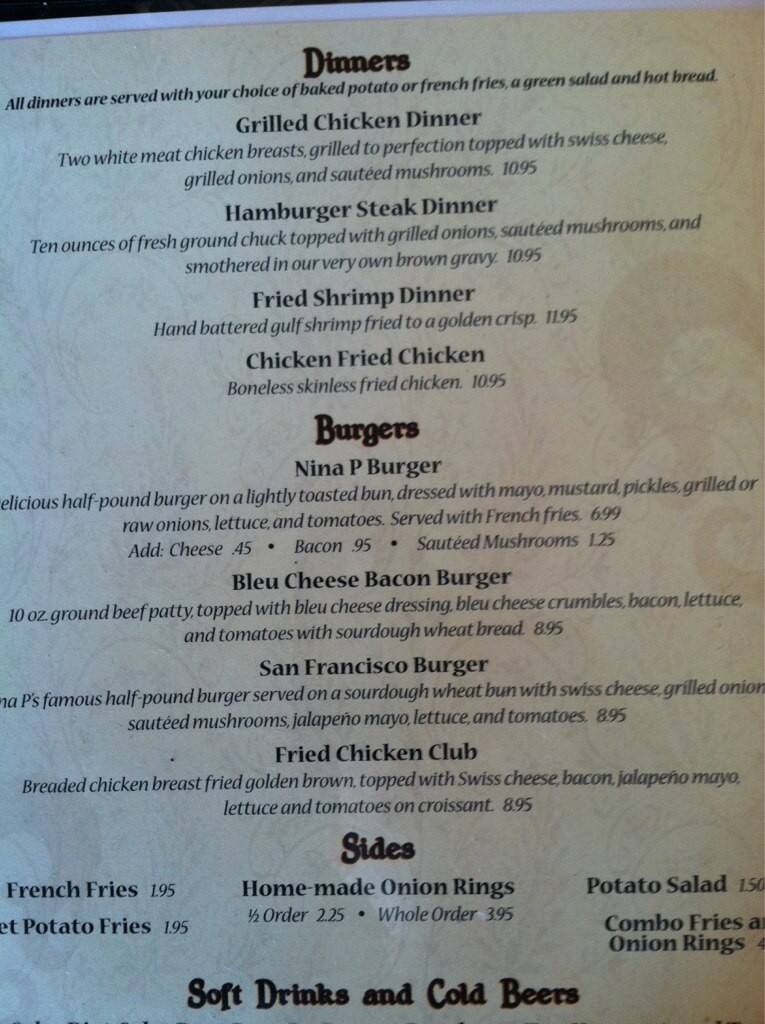 Menu at Nina P's cafe, Lake Charles