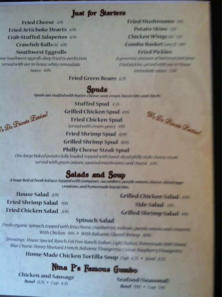 Menu at Nina P's cafe, Lake Charles