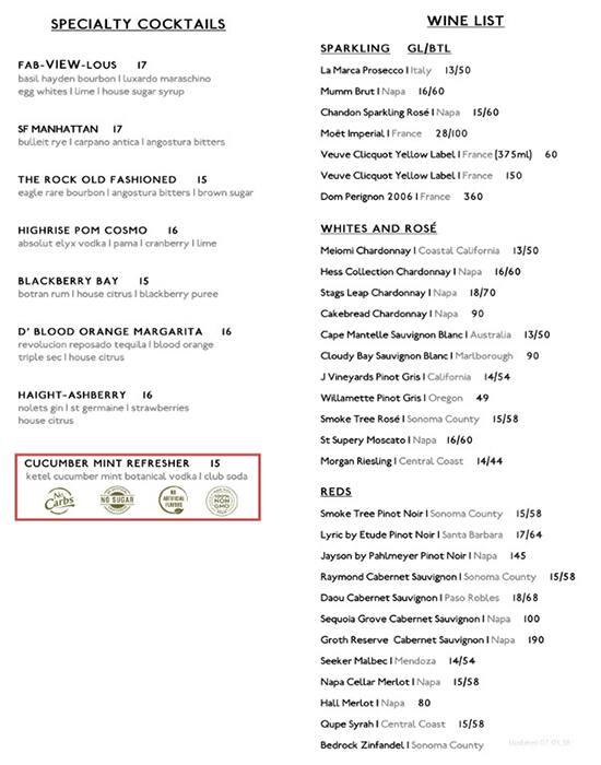 Menu at The View Lounge pub & bar, San Francisco, 780 Mission St