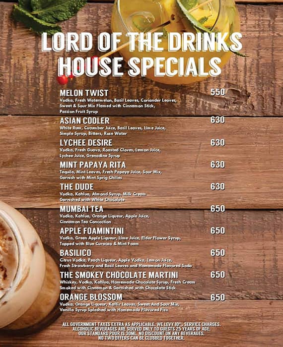 Lord of the Drinks Menu, Menu untuk Lord of the Drinks, Lower Parel ...