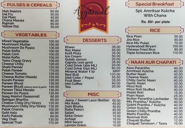 Menu of Aggarwal Vaishno Dhaba, Model Town, Jalandhar