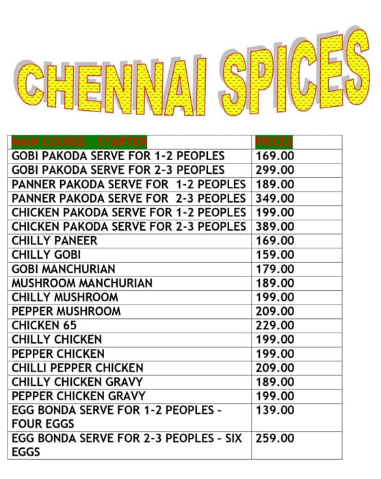 Menu of Chennai Spices, Kanchipuram District, Chennai