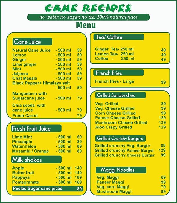 Menu of Cane Recipes, Sarjapur Road, Bangalore