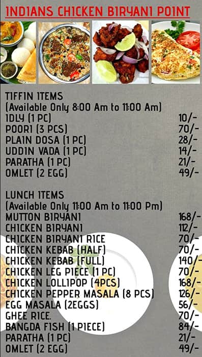 Menu of Indians Chicken Biryani Point, RT Nagar, Bangalore