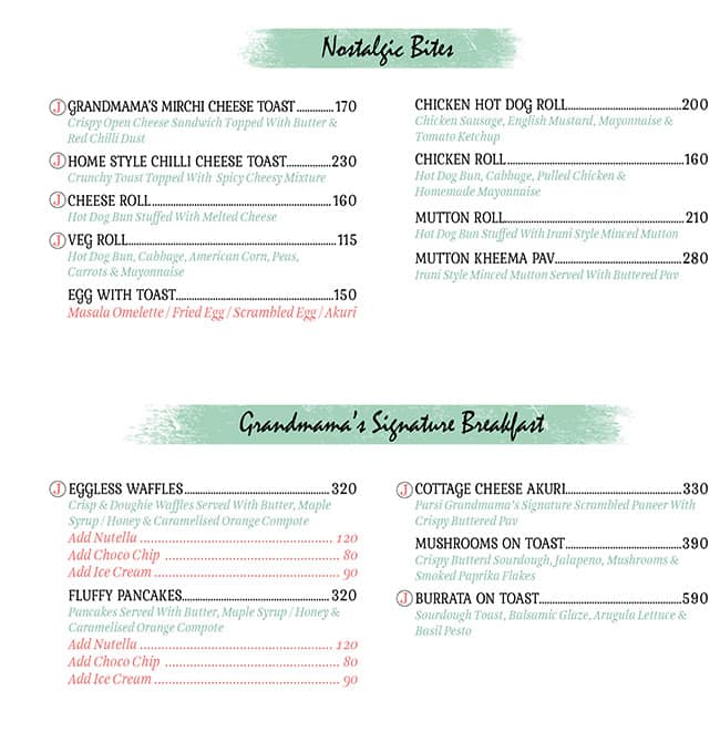 Menu of Grandmama's Cafe, Bandra Kurla Complex, Mumbai