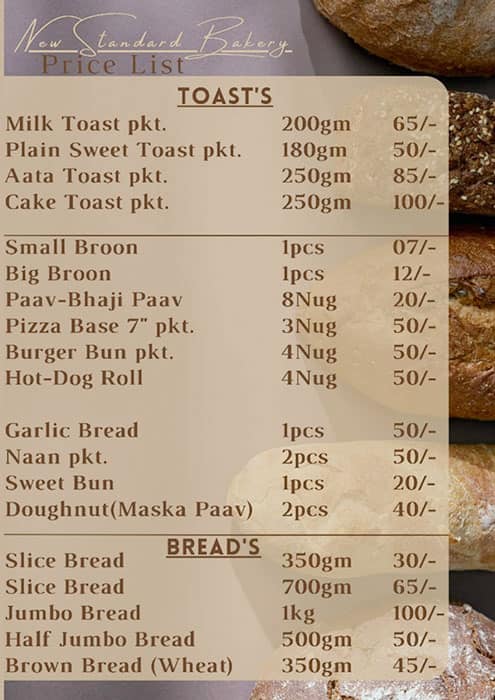 Menu at new standard bakery, Pune