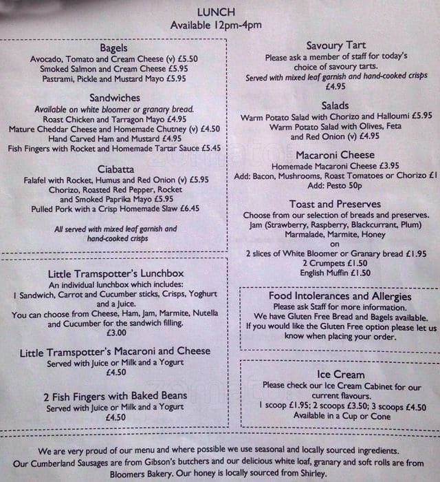 Menu at The Tram Stop cafe, Croydon