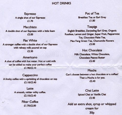 Menu at The Tram Stop cafe, Croydon