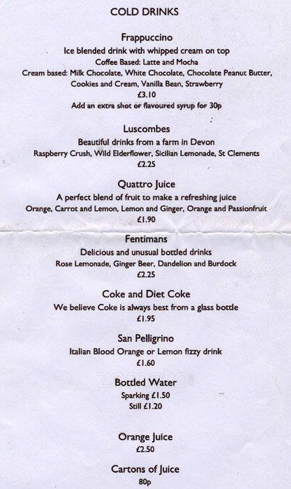 Menu at The Tram Stop cafe, Croydon