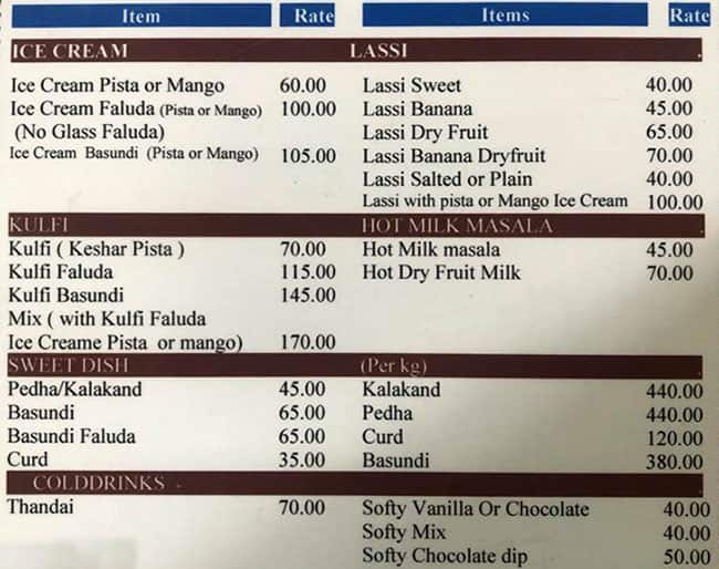 Menu of Shiv Kailash, Camp Area, Pune